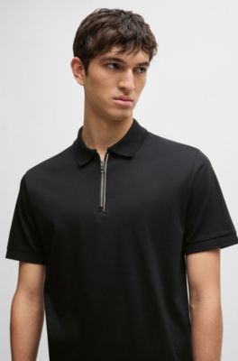 BOSS - Mercerised-cotton slim-fit polo shirt with zip placket - Black