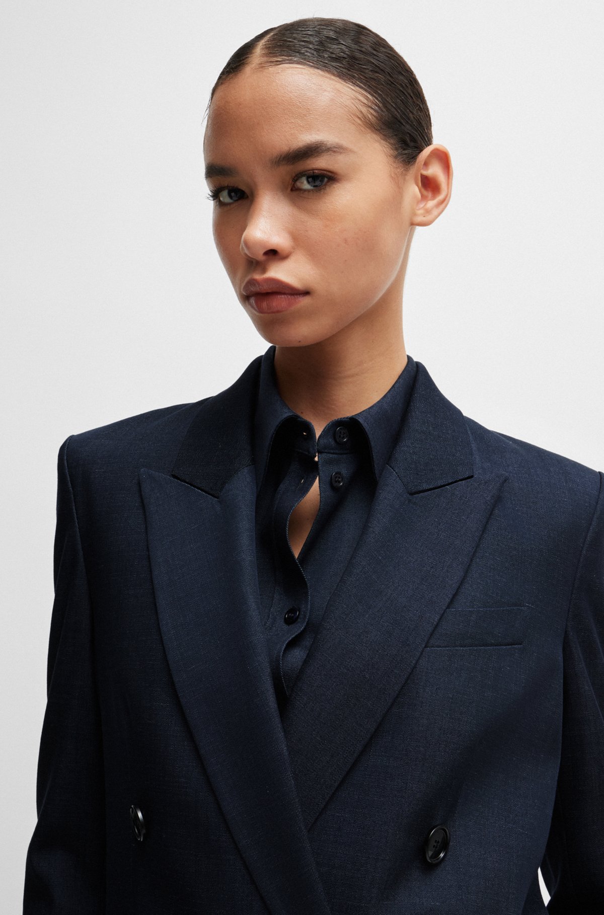 BOSS - Regular-fit long-length jacket in denim-effect twill - Dark Blue BOSS - Regular-fit long-length jacket in denim-effect twill - Dark Blue