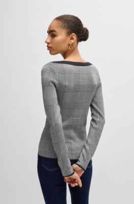 BOSS - Wide-neck sweater in stretch jacquard - Grey Patterned