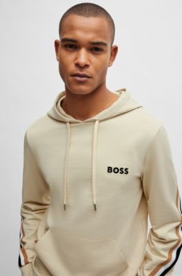 BOSS - Cotton-terry hoodie with signature-stripe tape - Light Beige