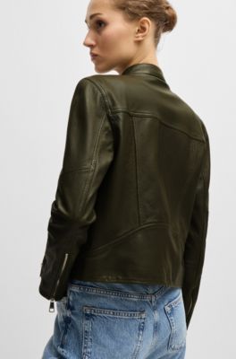 BOSS - Regular-fit jacket in grained leather - Dark Green