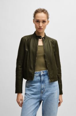 BOSS - Regular-fit jacket in grained leather - Dark Green