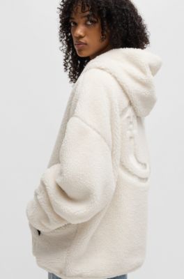 HUGO - Zip-neck teddy hoodie with Happy HUGO logo - White