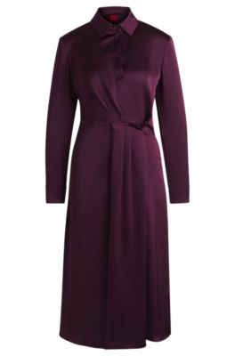 HUGO - Satin midi dress with drape front - Dark Purple