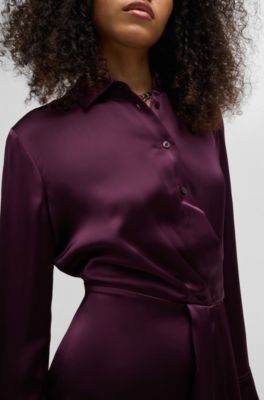 HUGO - Satin midi dress with drape front - Dark Purple