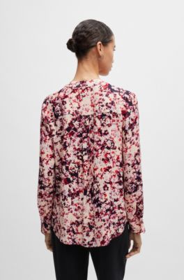 BOSS - Floral-print blouse in satin with notch neckline - Patterned