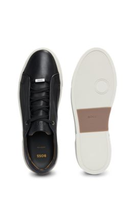BOSS - Gary grained-leather low-top trainers with branded metal lace ...