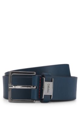 HUGO - Leather belt with logo keeper and gunmetal hardware - Dark Blue
