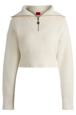 HUGO - Cropped sweater with stacked-logo zip puller - White