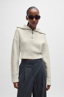 HUGO - Cropped sweater with stacked-logo zip puller - White