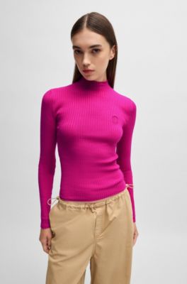 HUGO - Mock-neck sweater with embroidered Happy HUGO logo - Pink