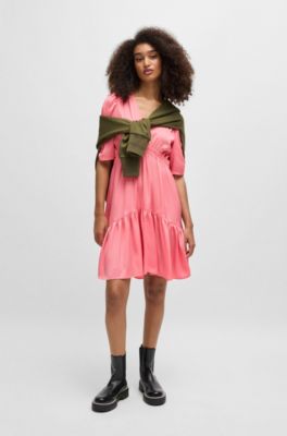 BOSS - V-neck dress in hammered satin with volant hem - Pink