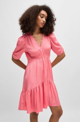 BOSS - V-neck dress in hammered satin with volant hem - Pink