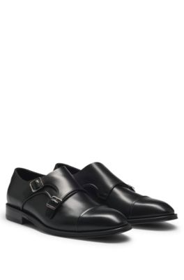 BOSS - Cap-toe double monk shoes in leather - Black