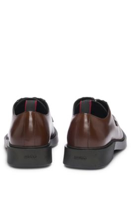 HUGO - Square-toe Derby shoes in leather with piping details - Dark Brown