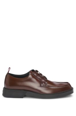 HUGO - Square-toe Derby shoes in leather with piping details - Dark Brown