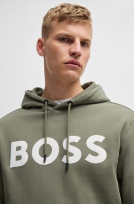 BOSS - Cotton-terry relaxed-fit hoodie with contrast logo - Khaki