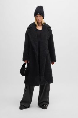 HUGO - Dubbelknäppt oversize fit-kappa av fuskpäls - Svart