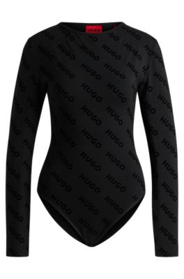 HUGO - Body de punto elástico con logos flocados estampados - Negro