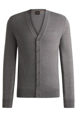 BOSS - Wool-blend regular-fit cardigan with embroidered logo - Light Grey