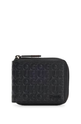 HUGO - Ziparound wallet in matte leather with stacked logos - Black