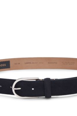 BOSS - Italian-suede belt with rounded brass buckle - Dark Blue