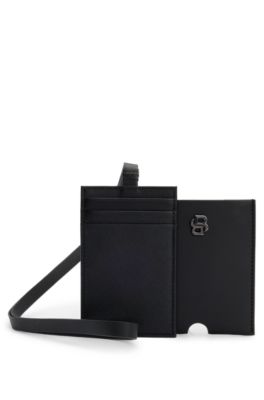 BOSS - Leather card holder with Double B monogram trim - Black