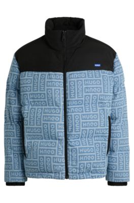 HUGO - Regular-fit puffer jacket with logo-print denim - Light Blue