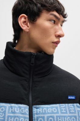 HUGO - Regular-fit puffer jacket with logo-print denim - Light Blue