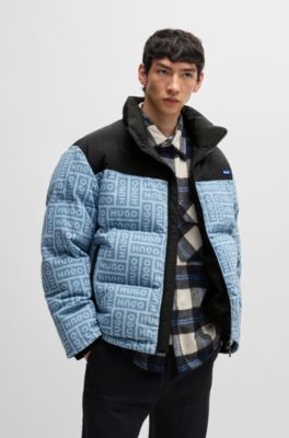 HUGO - Regular-fit puffer jacket with logo-print denim - Light Blue