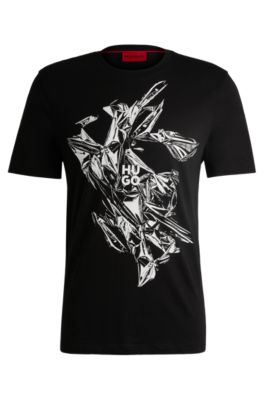 HUGO - Graphic-print T-shirt in cotton jersey with stacked logo - Black