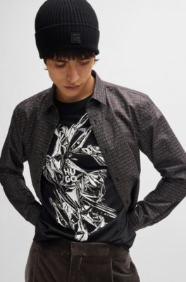 HUGO - Graphic-print T-shirt in cotton jersey with stacked logo - Black