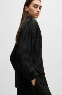 HUGO - Regular-fit blouse in plissé crepe - Black