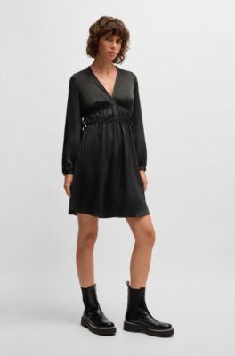 BOSS - V-neck satin dress with gathered waist details - Black