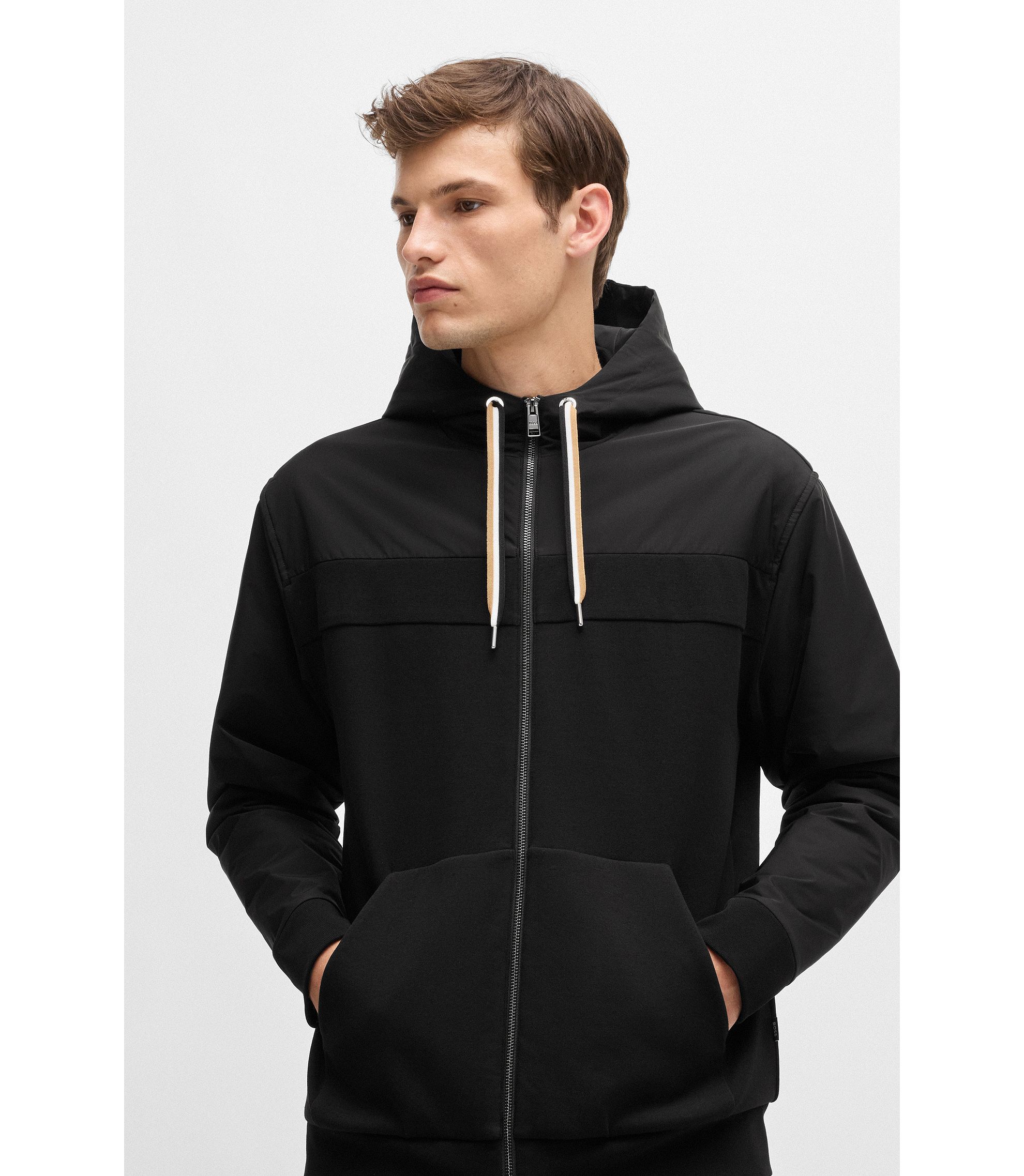 BOSS - Cotton-blend zip-up hoodie with tonal insert - Black BOSS - Cotton-blend zip-up hoodie with tonal insert - Black