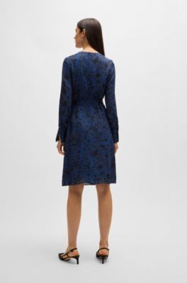 BOSS - Long-sleeved dress with floral print and belt - Blue Patterned