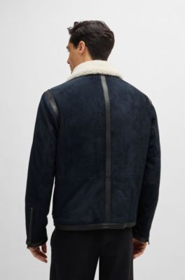 BOSS - Regular-fit suede jacket with leather trims - Dark Blue