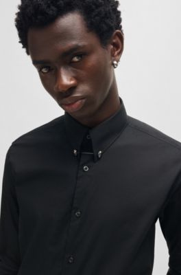 HUGO - Modern-fit shirt in stretch cotton with Piccadilly collar - Black