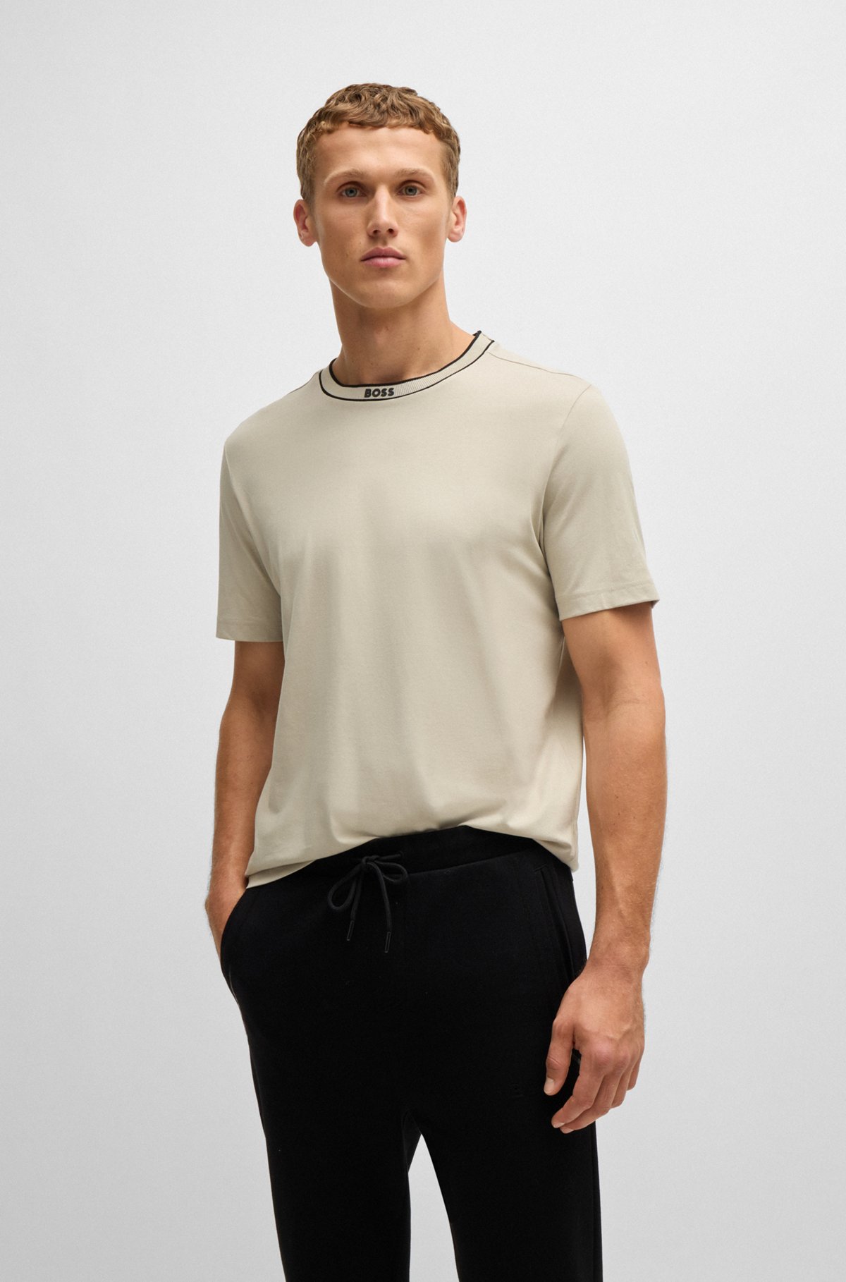 BOSS - Cotton-jersey T-shirt with logo collar - Light Beige BOSS - Cotton-jersey T-shirt with logo collar - Light Beige
