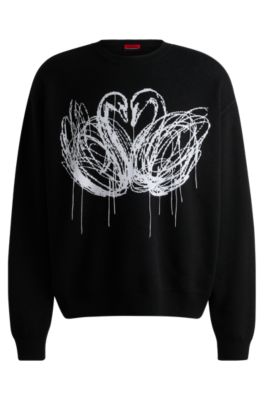 HUGO - HUGO x Les Benjamins oversized-fit sweater with swan jacquard ...