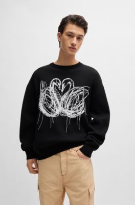 HUGO - HUGO x Les Benjamins oversized-fit sweater with swan jacquard ...