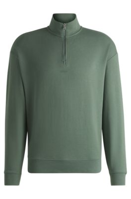 HUGO - Cotton-terry zip-neck sweatshirt with logo print - Green