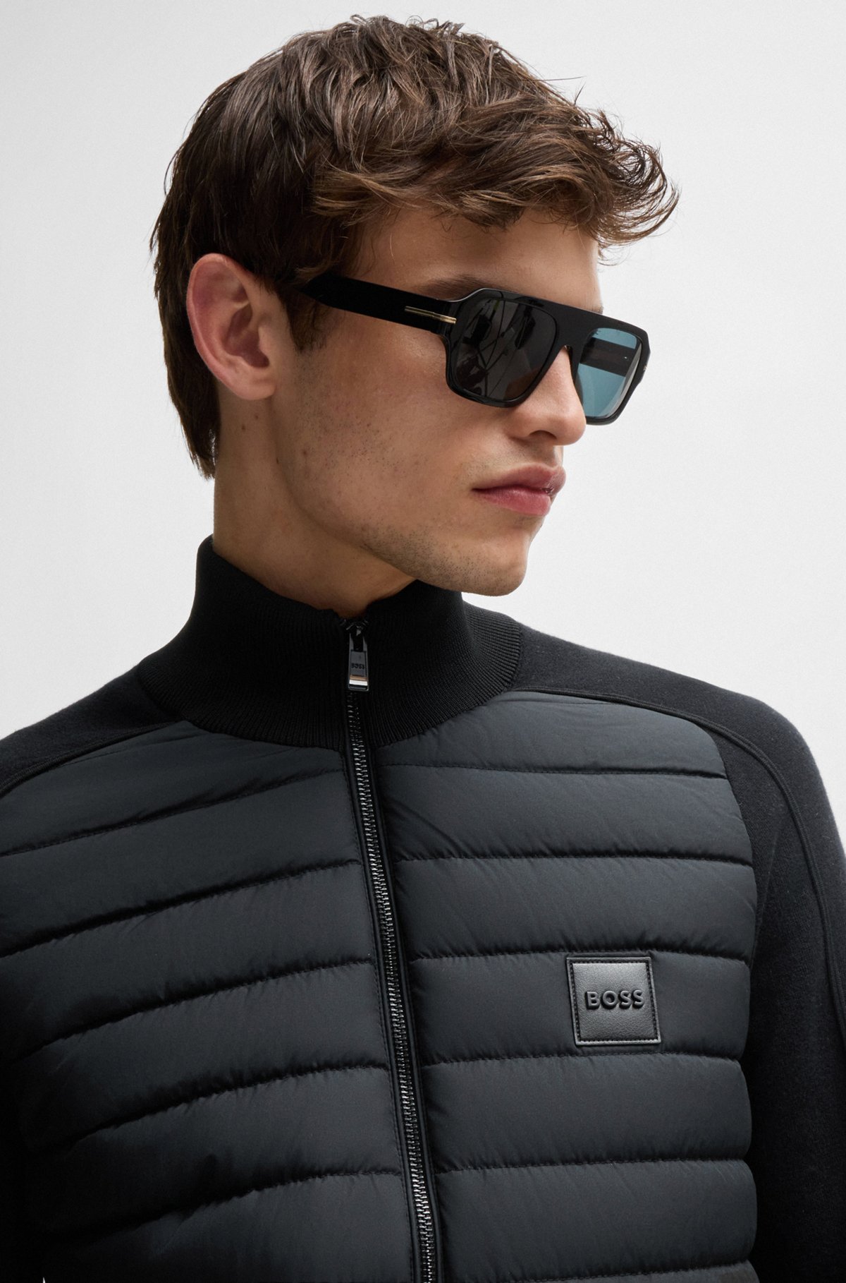 BOSS - Zip-up jacket in mixed materials with logo badge - Black BOSS - Zip-up jacket in mixed materials with logo badge - Black