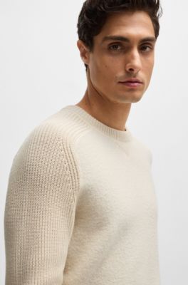 BOSS - Regular-fit sweater in mixed materials with ribbed cuffs - Natural