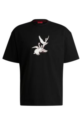 HUGO - HUGO x Les Benjamins oversized-fit T-shirt with swan graphic - Black