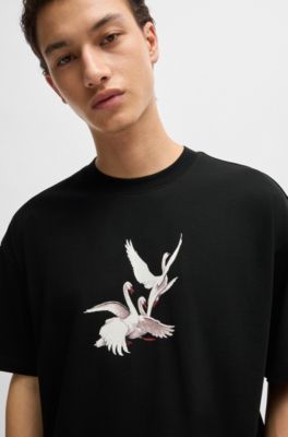 HUGO - HUGO x Les Benjamins oversized-fit T-shirt with swan graphic