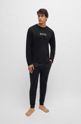 BOSS - Interlock-cotton pyjamas with foil-print branding - Black