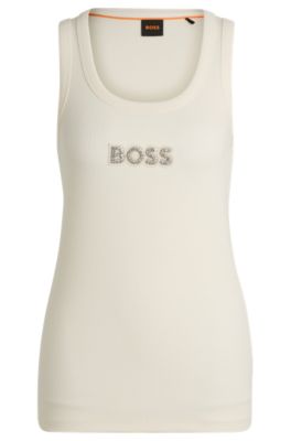 BOSS - Ribbed stretch-cotton tank top with crystal logo badge - White