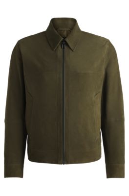 BOSS - Regular-fit jacket in soft suede with zip front - Olive