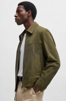 BOSS - Regular-fit jacket in soft suede with zip front - Olive